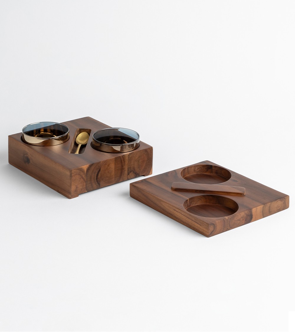 Yellow Box Acacia Wood Containers Designed by Lara Caffi
